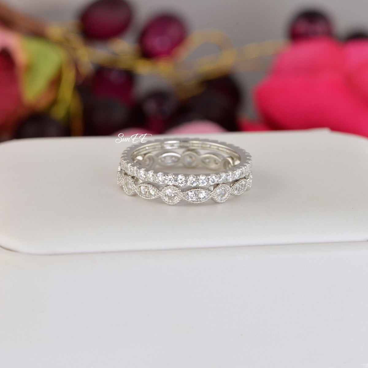 1.4ct Art Deco & Full Eternity Wedding Band Stack Promise Ring Diamond ...