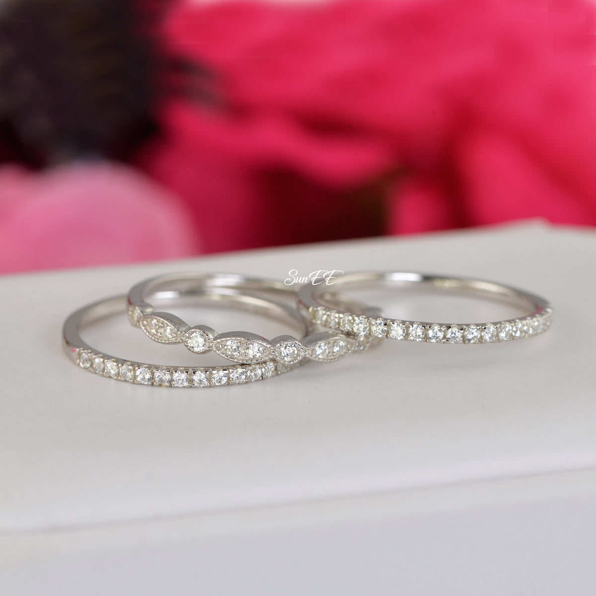 0.62ct Half Art Deco & Eternity Wedding Band Stack Promise Ring Diamon ...