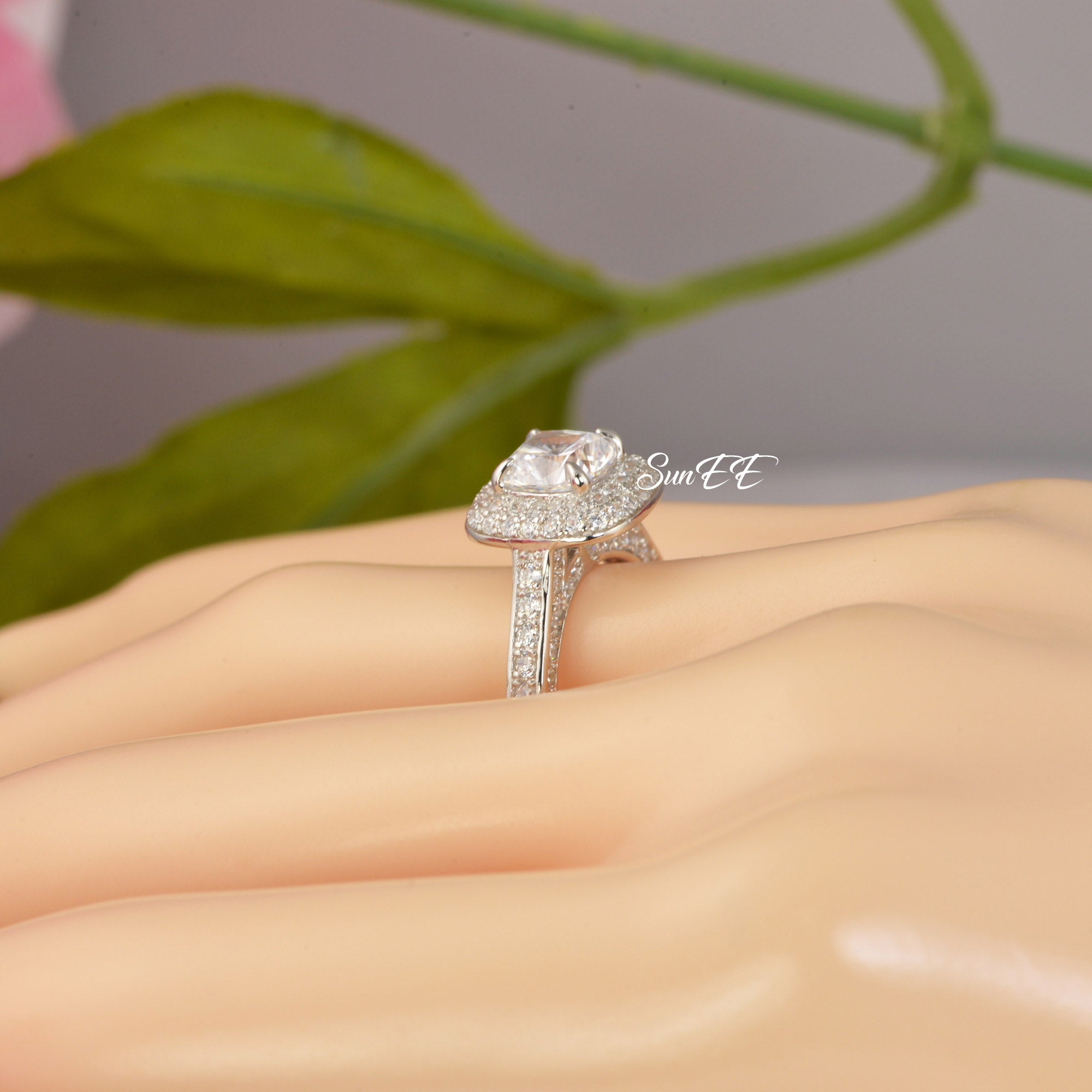 1.57ct Double Halo Cushion Cut with Heart Bridal Wedding Engagement Ring Diamond Simulated 925 Sterling Silver Anniversary Rings SKU 00230 9